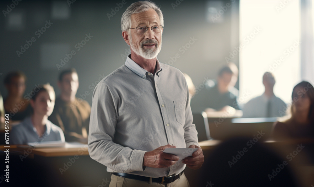 Professor, Teacher Man 55 years old with grey hair giving a lecture at ...