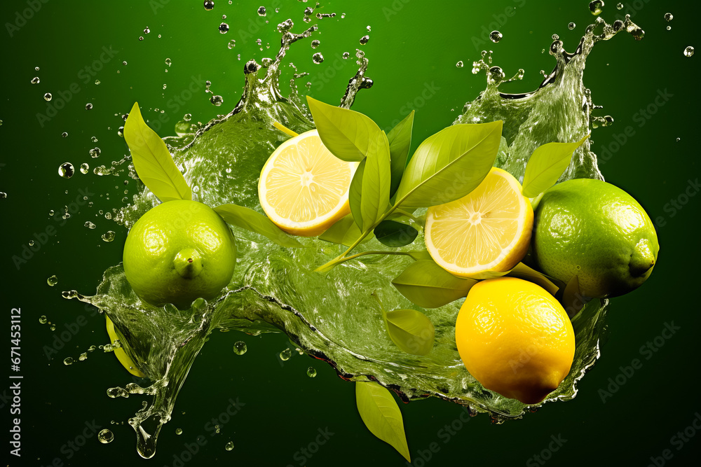 Fresh Lemons and limes falling with water splash on isolated green ...