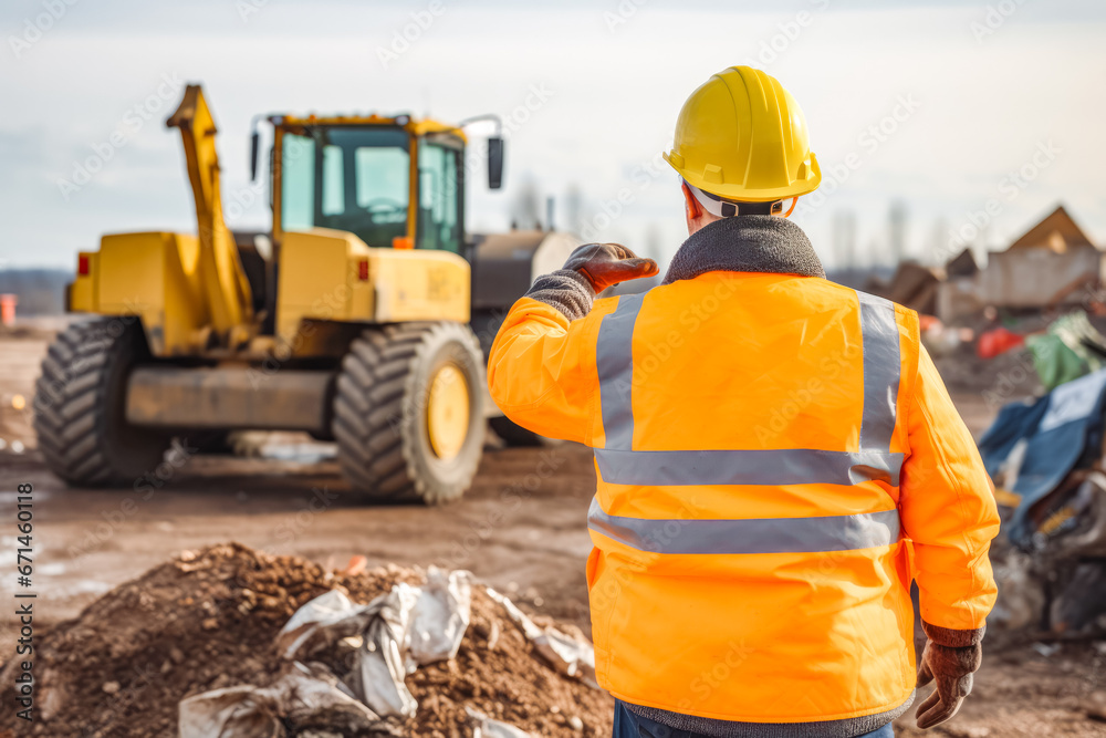 Construction worker directing yellow wheel loader with lifted scrap ...