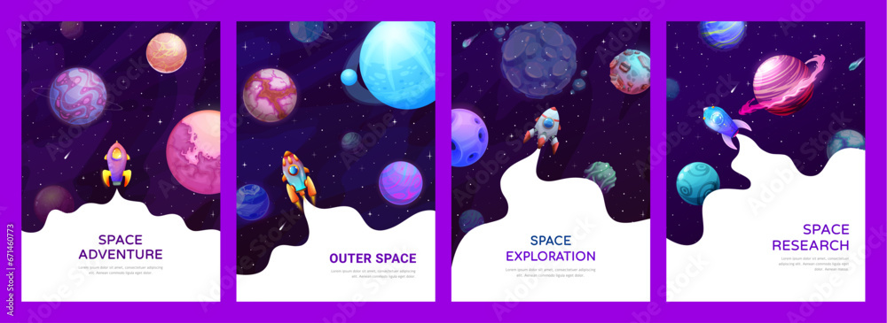Space posters and flyers. Galaxy landscape, rocket spaceship launch and ...