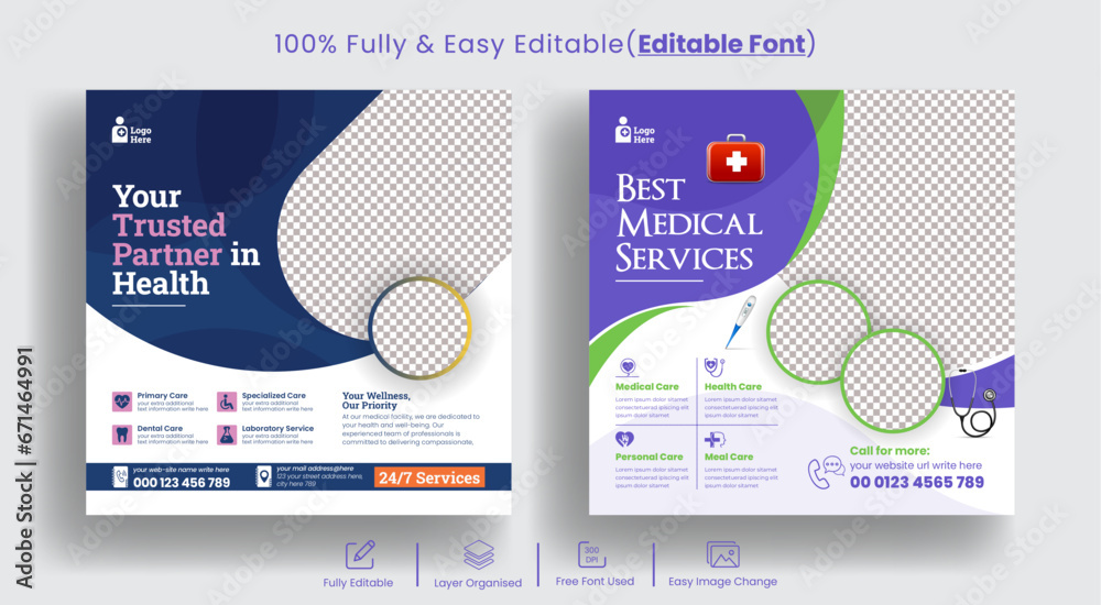 Editable Medical healthcare service social media posts banner template ...