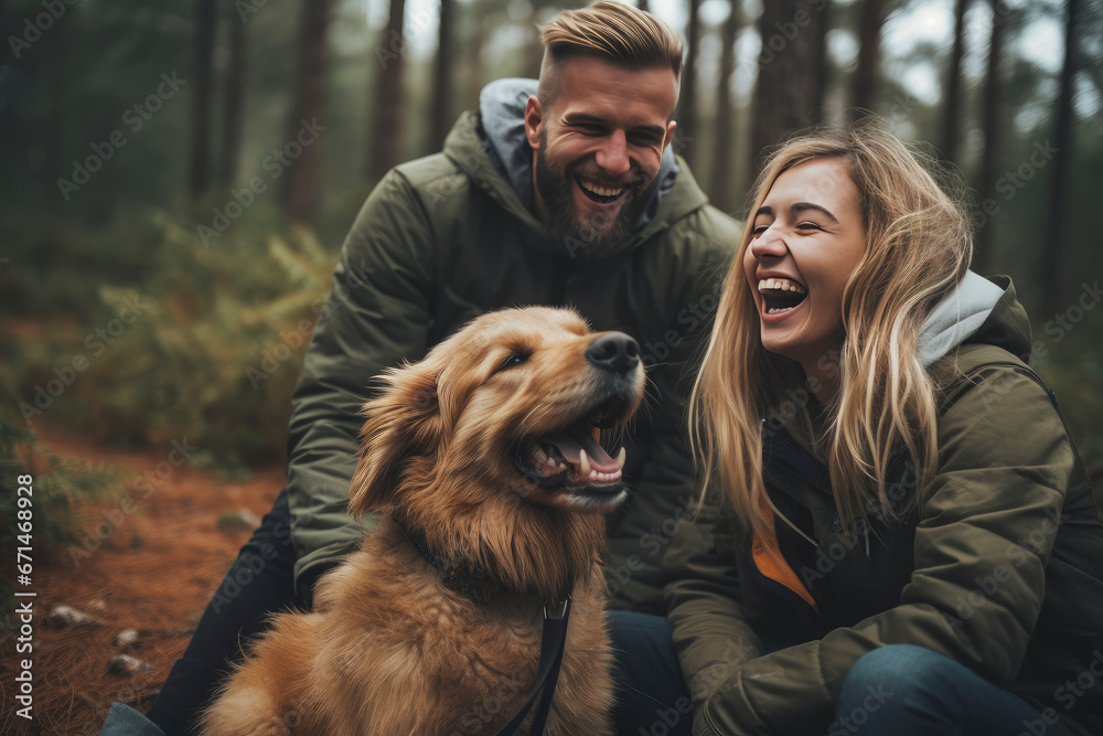 Joyful scene of young couple and dog during road trip. Fun time with my ...