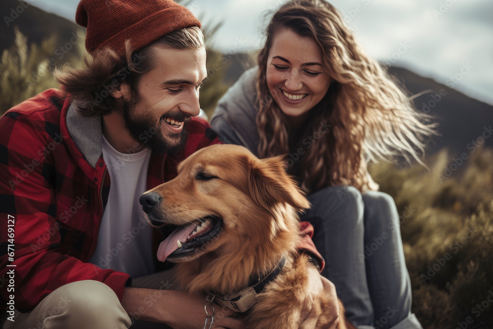 Happy people with dog sitting on boardwalk at sunset. Fun time with my ...