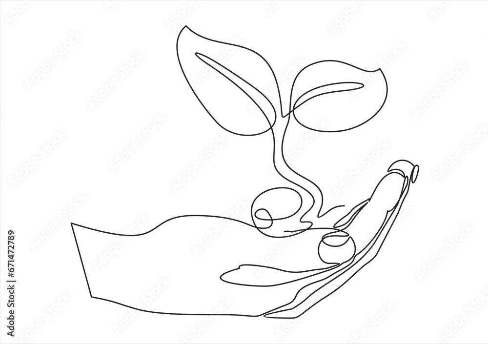 Continuous one line drawing close up image of human hand holding sprout ...