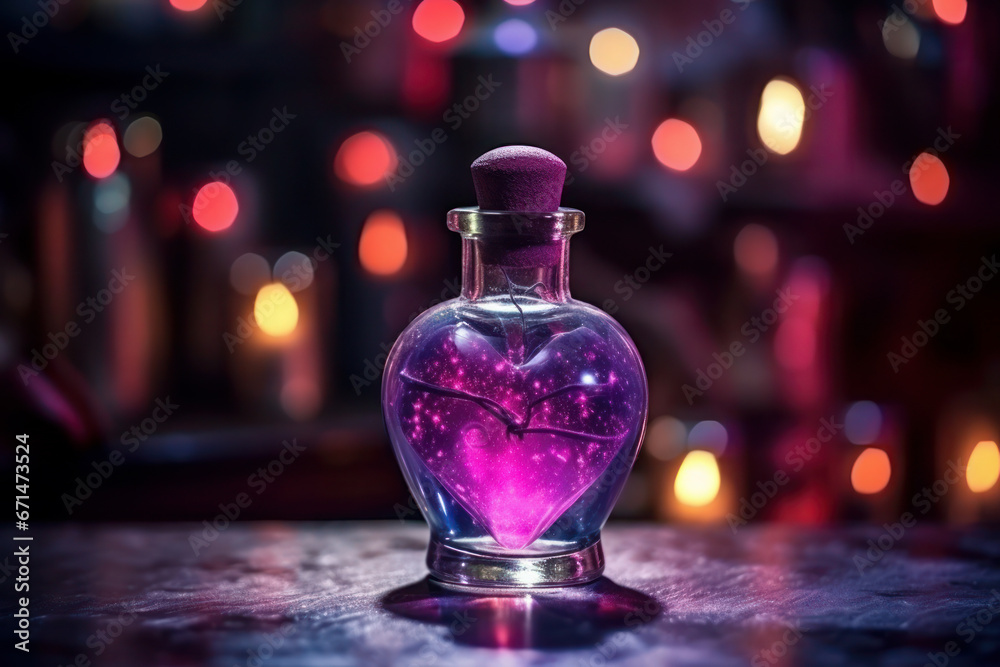 Bottle with love potion. pink magic heart elixir. Design elements for ...