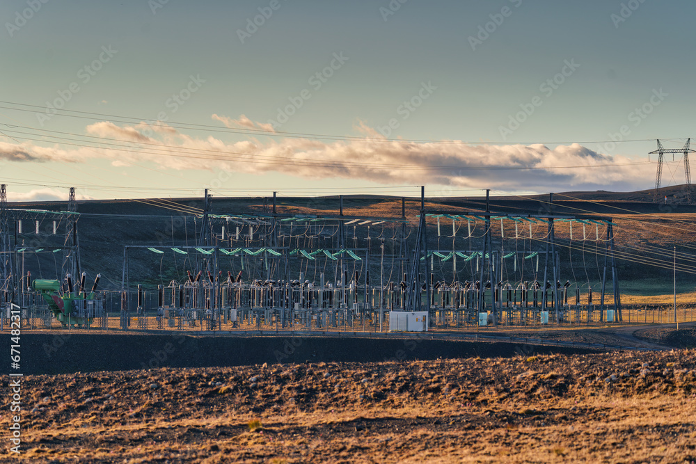 Electrical substation distribution power plant with wires and ...
