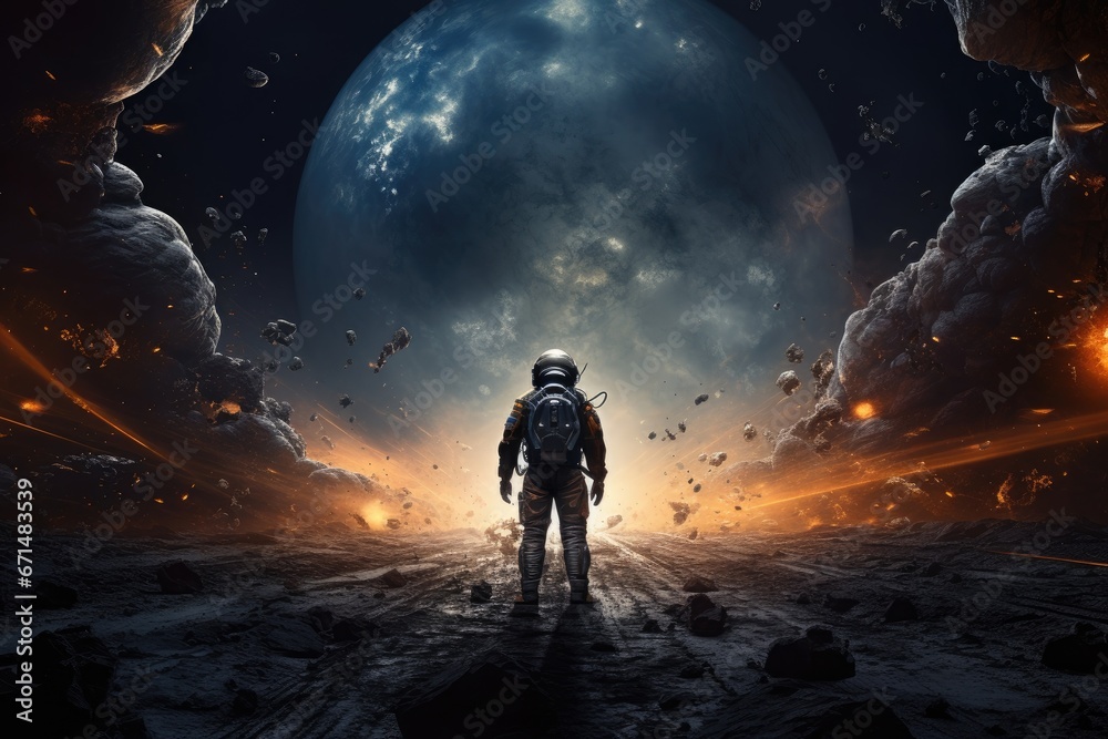 astronaut in a space suit in outer space. Fantasy illustration Stock ...