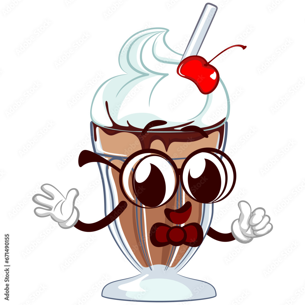 mascot character of a milkshake glass with a funny face in glasses and ...