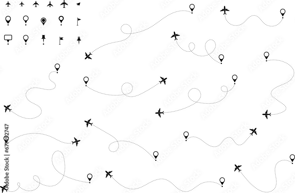Airplane routes set. Aircraft planes tracking, travel, location pins ...