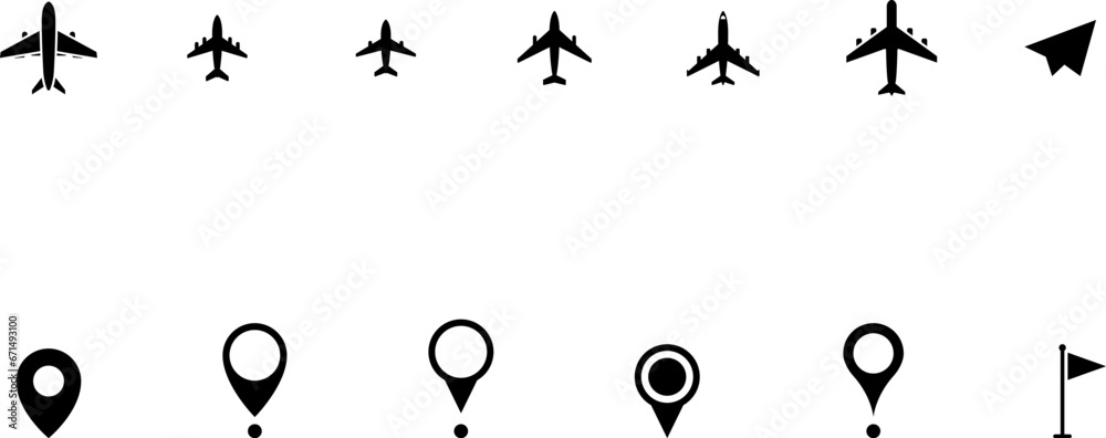 Airplane routes set. Aircraft planes tracking, travel, location pins ...