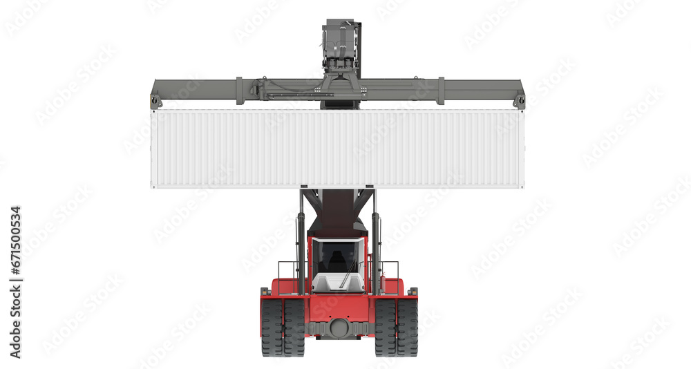 The red reach stacker (loader) lifts and loads a white sea container ...