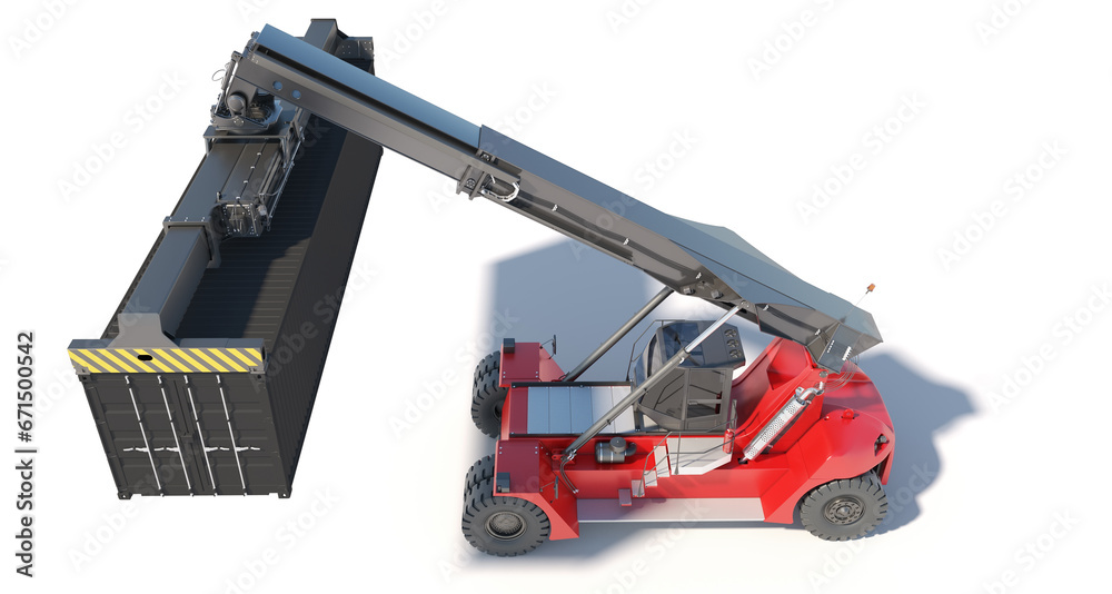 The red reach stacker (loader) lifts and loads a black sea container ...