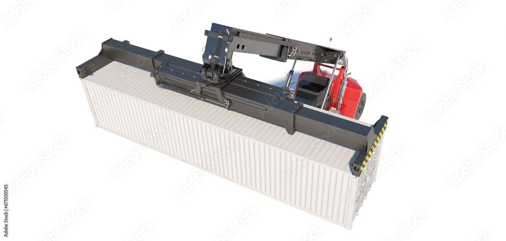 The red reach stacker (loader) lifts and loads a white sea container ...