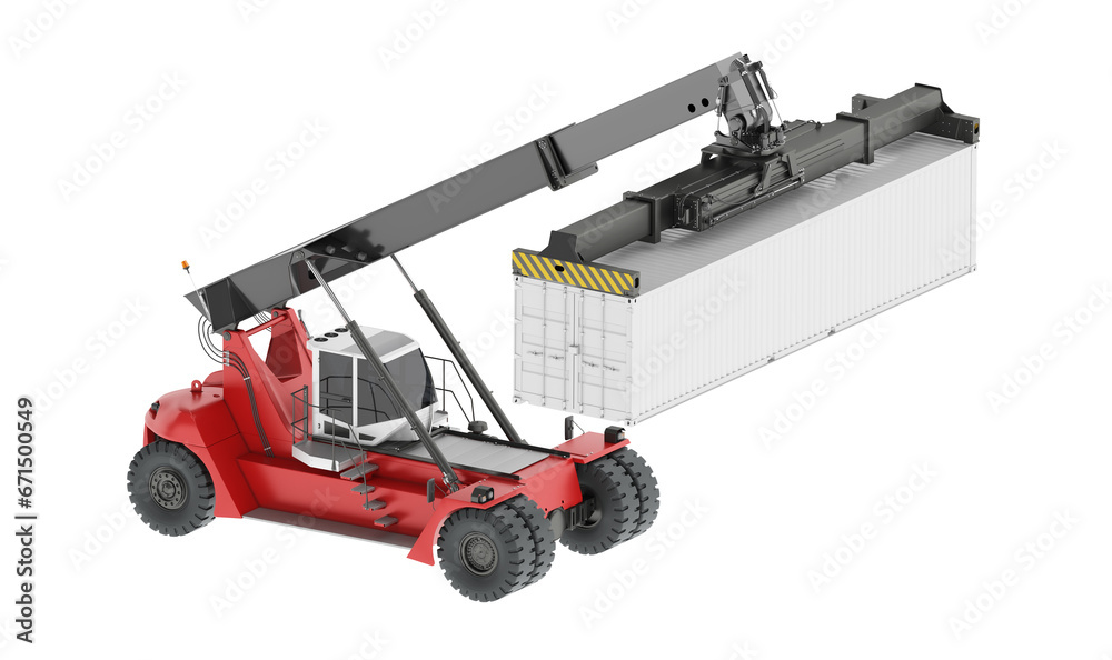 The red reach stacker (loader) lifts and loads a white sea container ...