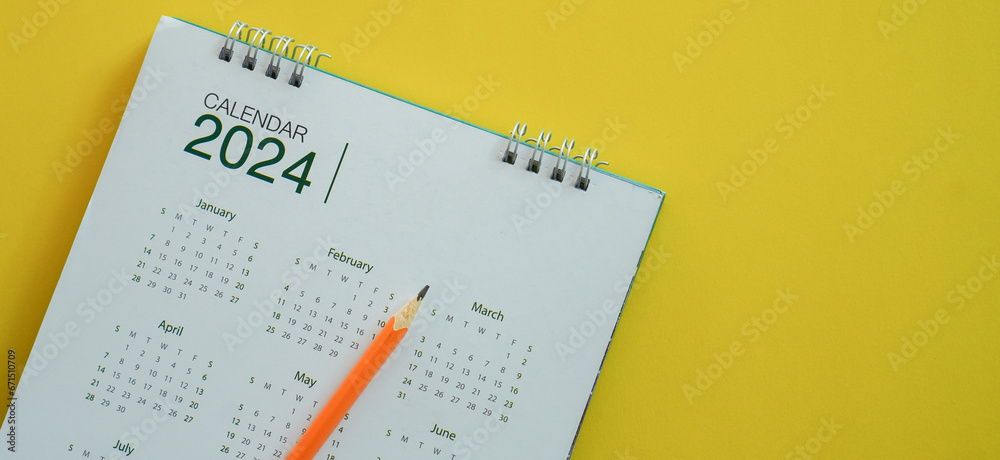 close up top view on white calendar 2024 with schedule of month and ...