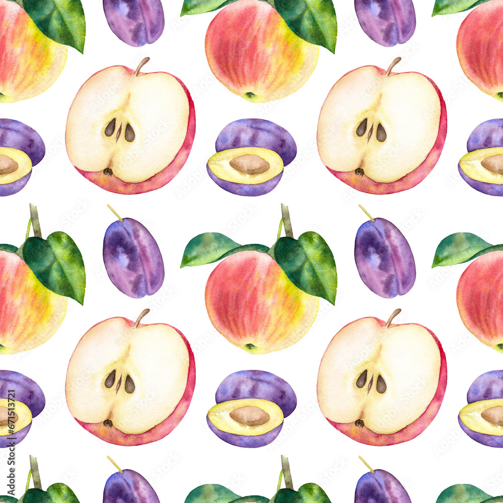 Seamless watercolor fruit pattern with apples and plums on the ...