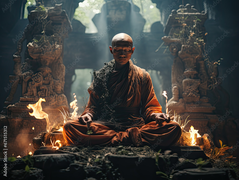 A monk silently prays in an ancient temple, where cigarette smoke curls ...