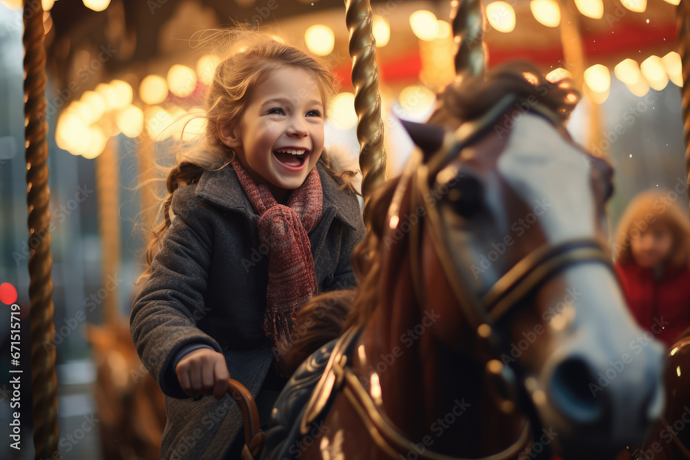 Christmas Market Carousel - Children joyfully riding a vintage carousel ...