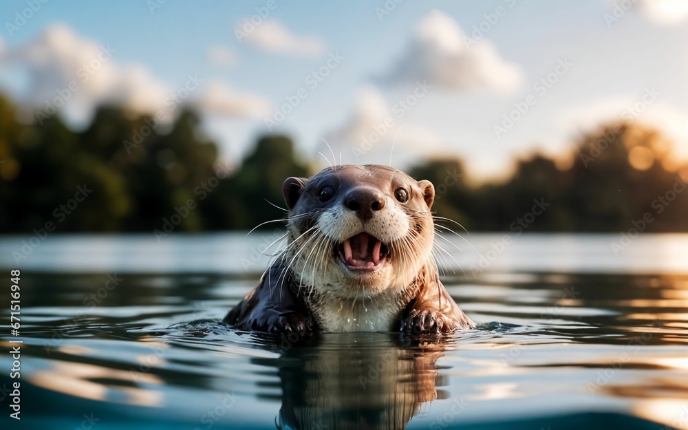 Playful Otter Diving and Splashing in the Crystal-Clear Lake ai ...