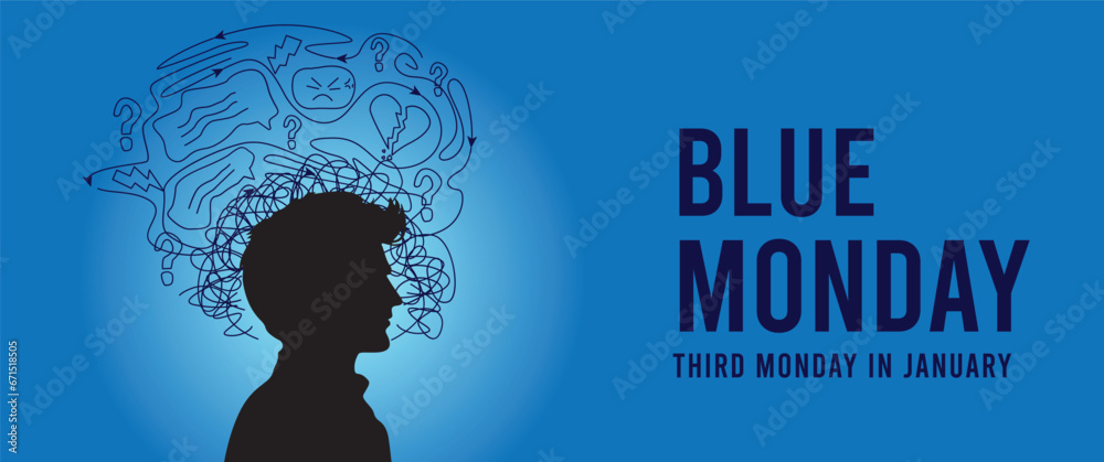 sad man with depressed mindset design on blue monday concept ...