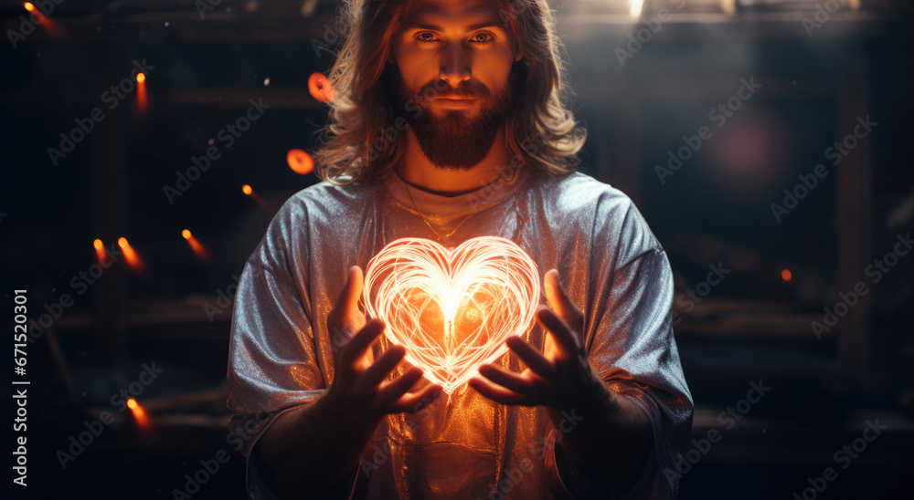 Jesus Christ holding glowing heart in hands Stock Illustration | Adobe ...