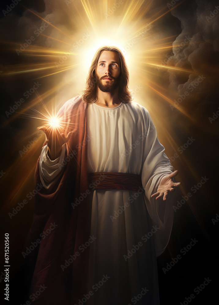 Portrait of Jesus Christ holding light beam in his hand Stock ...