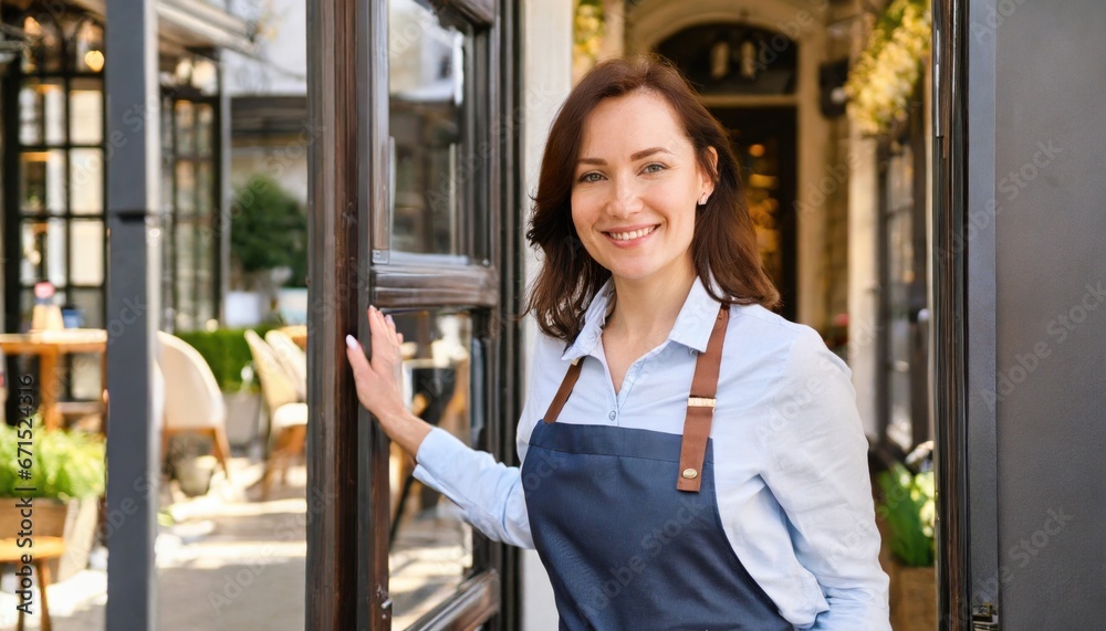 Smiling woman is standing at the entrance doors of her store. In the ...