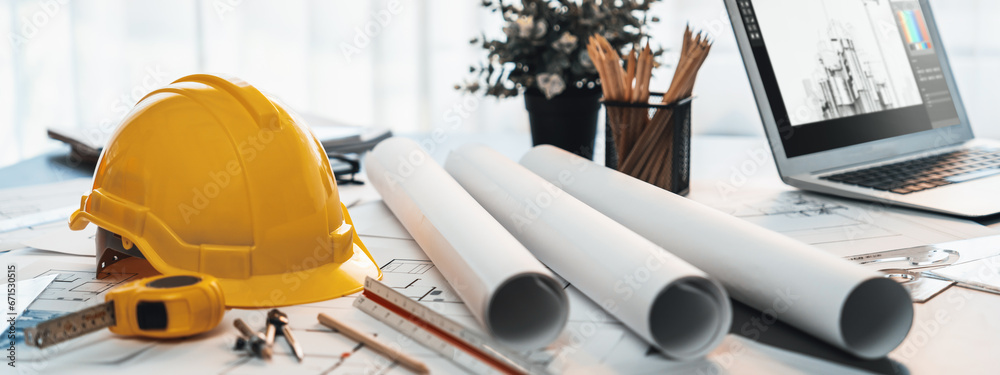 Digital blueprint by architecture design software on laptop screen with ...