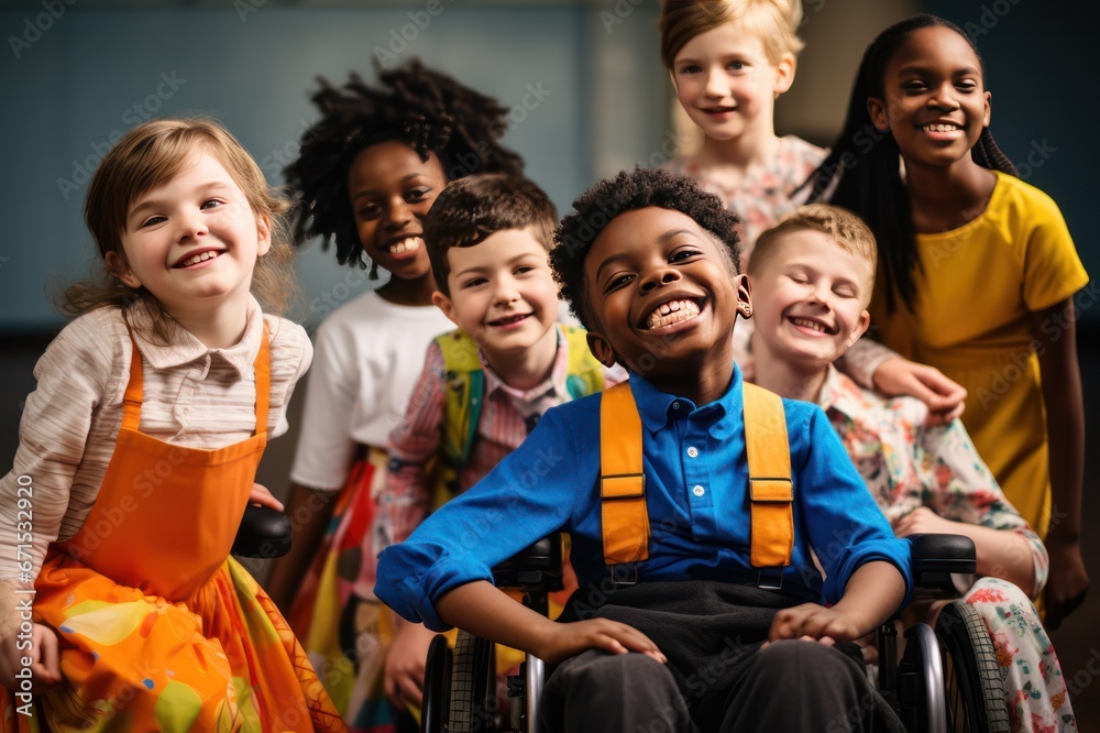 diverse kids hugging at school and posing for photo. Inclusive ...