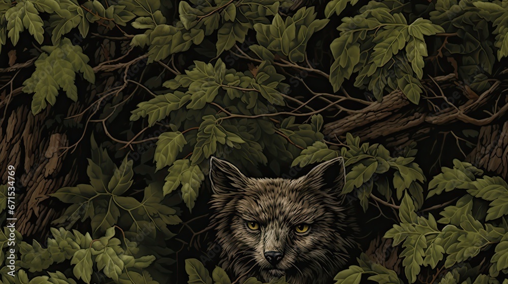 a painting of a wolf in a forest with lots of green leaves on it's ...