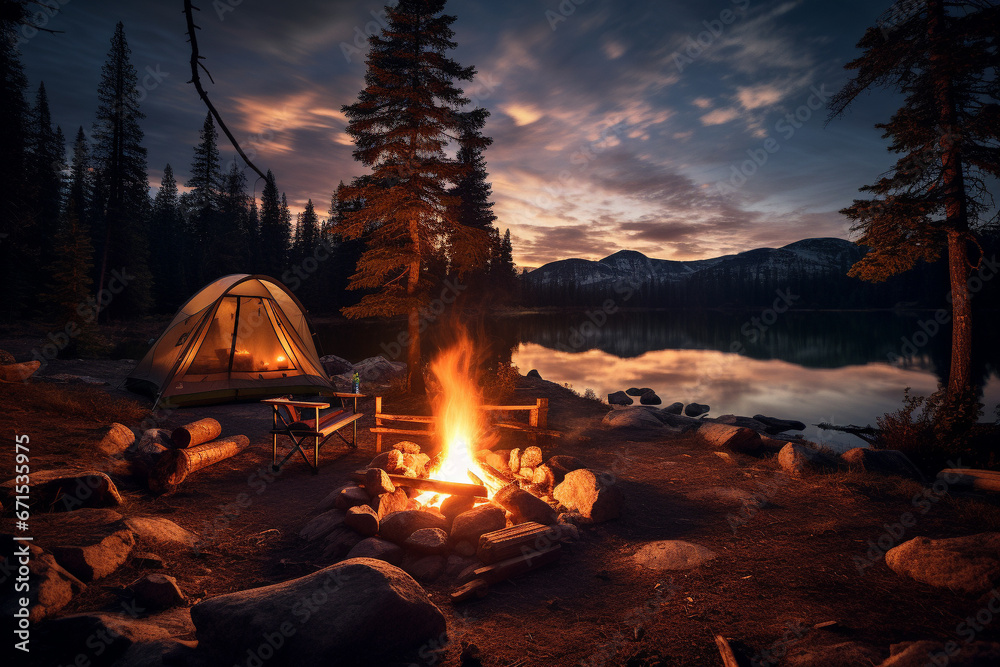 Serene camping scene at night, where a warm and inviting campfire flickers under a sky filled ...