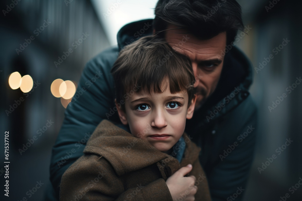 Male criminal kidnaps a frightened boy on the street. Child abduction ...