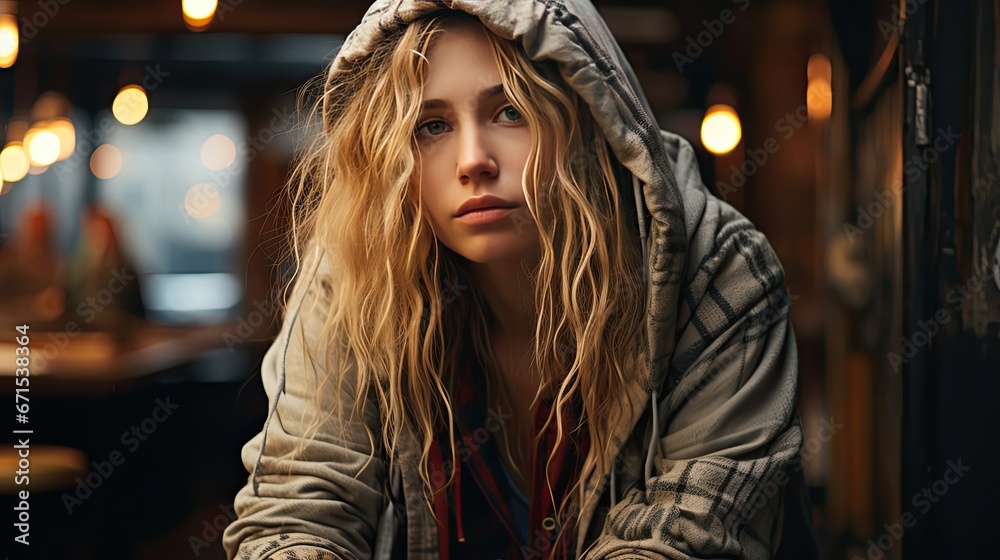 Gloomy young sad blond girl sighing upset stoop look from under ...