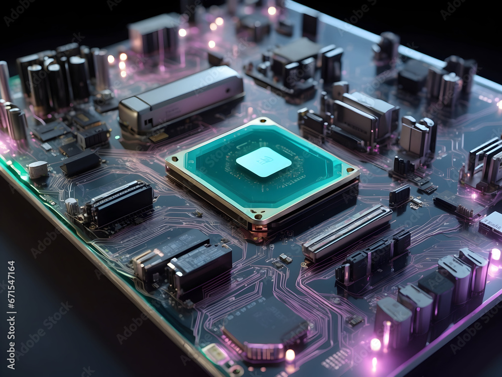 Visualize a futuristic AI-powered motherboard with glowing circuit ...