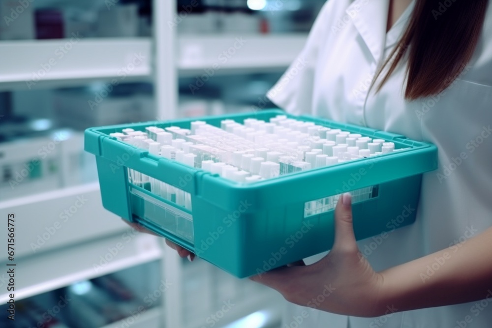 Pharmacist holding medicine box and capsule pack in pharmacy drugstore ...