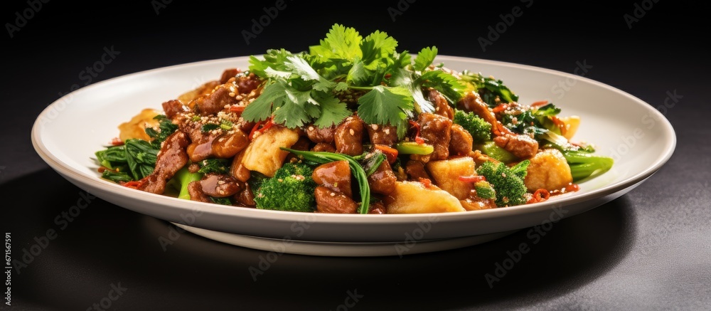 Thai dish Stir Fry of Water Mimosa and Minced Pork Phad Pak Kra Ched ...