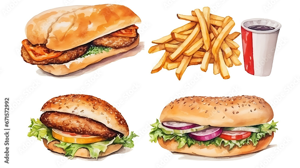 Watercolor Set of fast food elements collection clipart . generative ai ...