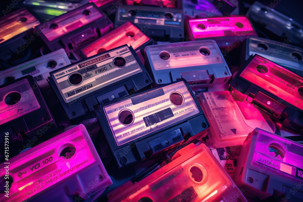 Old audio tape compact cassette on black background. Collection of ...