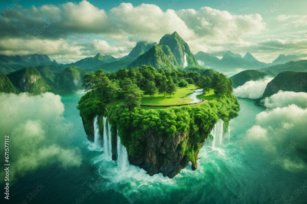 Flying green forest land with trees, green grass, mountains, blue water ...