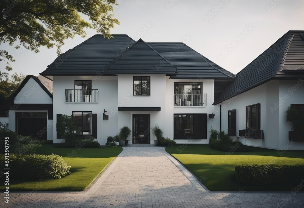 White family house with black pitched roof tiles and beautiful front ...