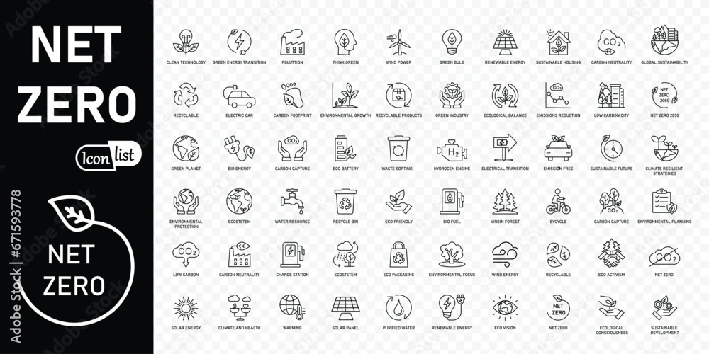 Net zero outline icon set .Green energy, CO2 neutral, gas emissions ...