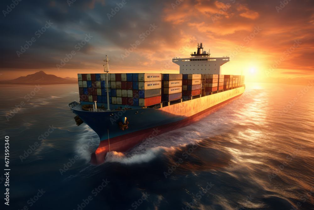 cargo container ship moves toward its destination on the sea at sunset ...