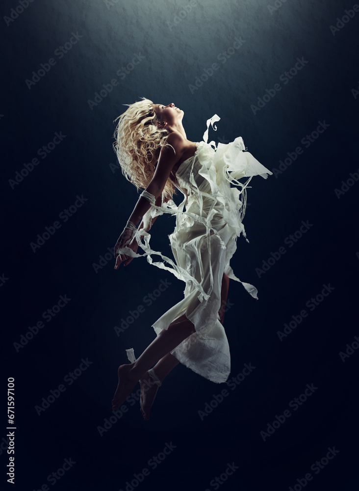 Art, dance and a ballet woman floating underwater for creative ...