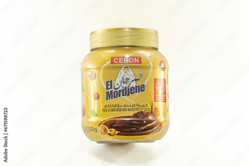 Algeria- April 16, 2023: a jar of El Mordjene spread from the Cebon ...