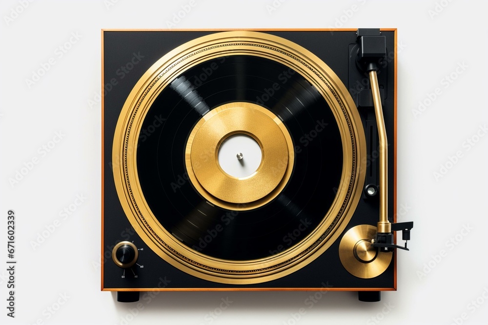 A gold record player with a black record on its side and white ...