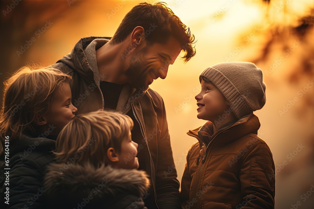 family portrait of a father and sons travel together in nature park ...