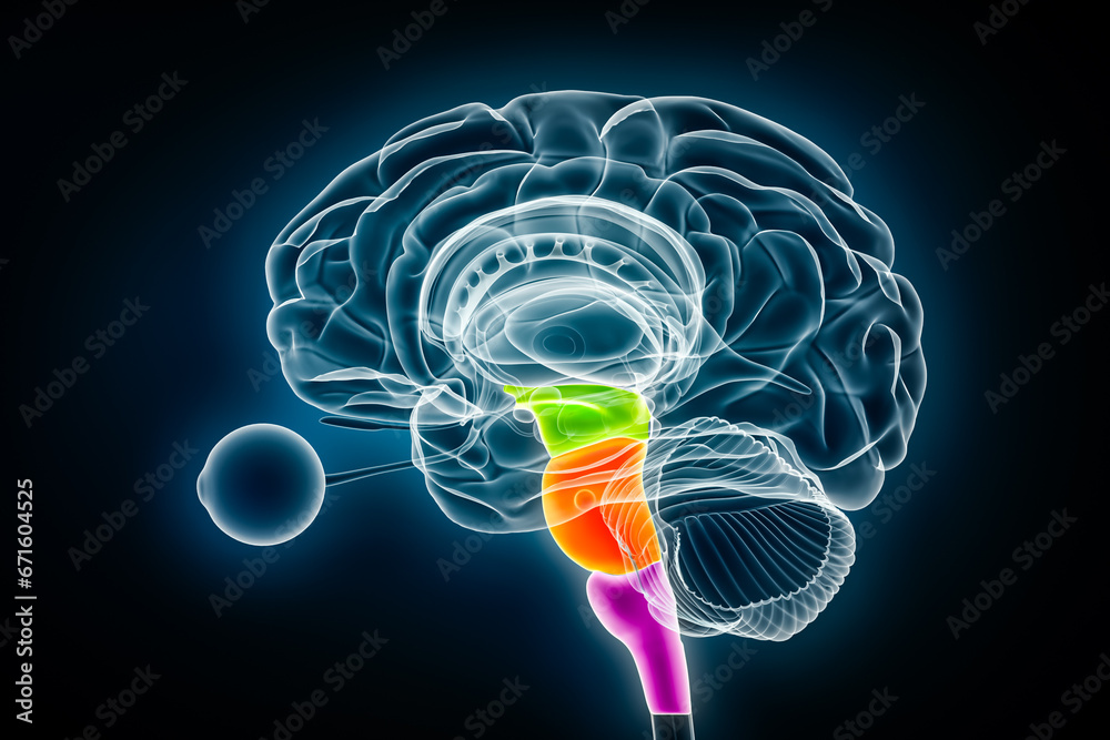Midbrain in green, pons in orange and medulla oblongata in purple 3D ...
