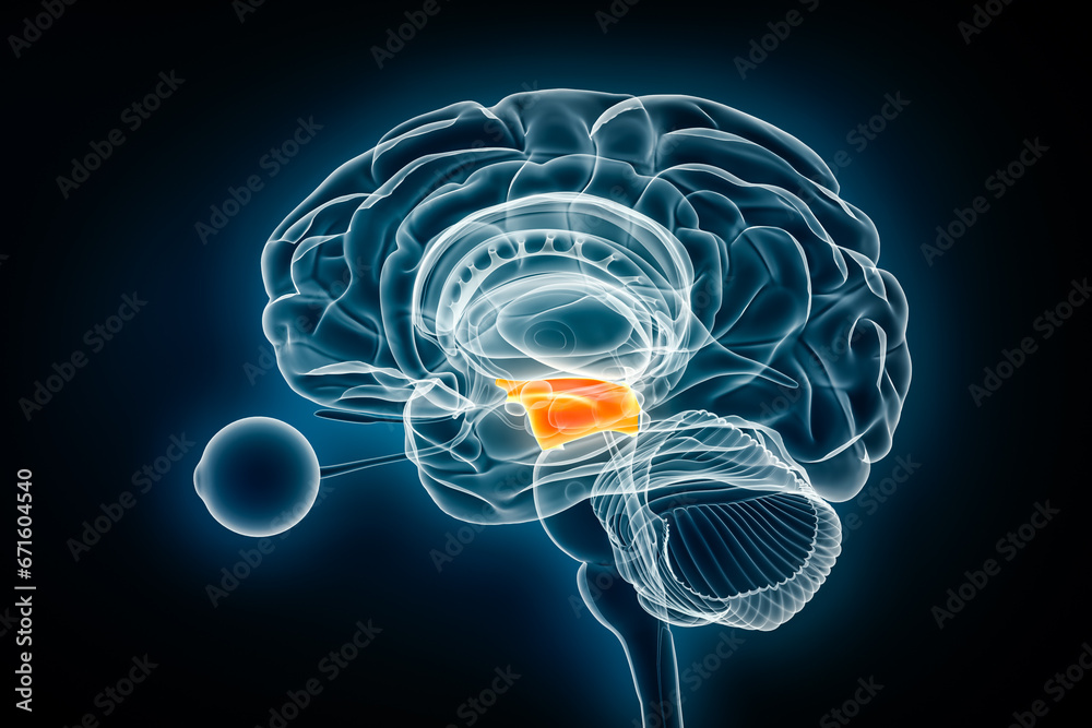 Midbrain or mesencephalon lateral x-ray view 3D rendering illustration ...