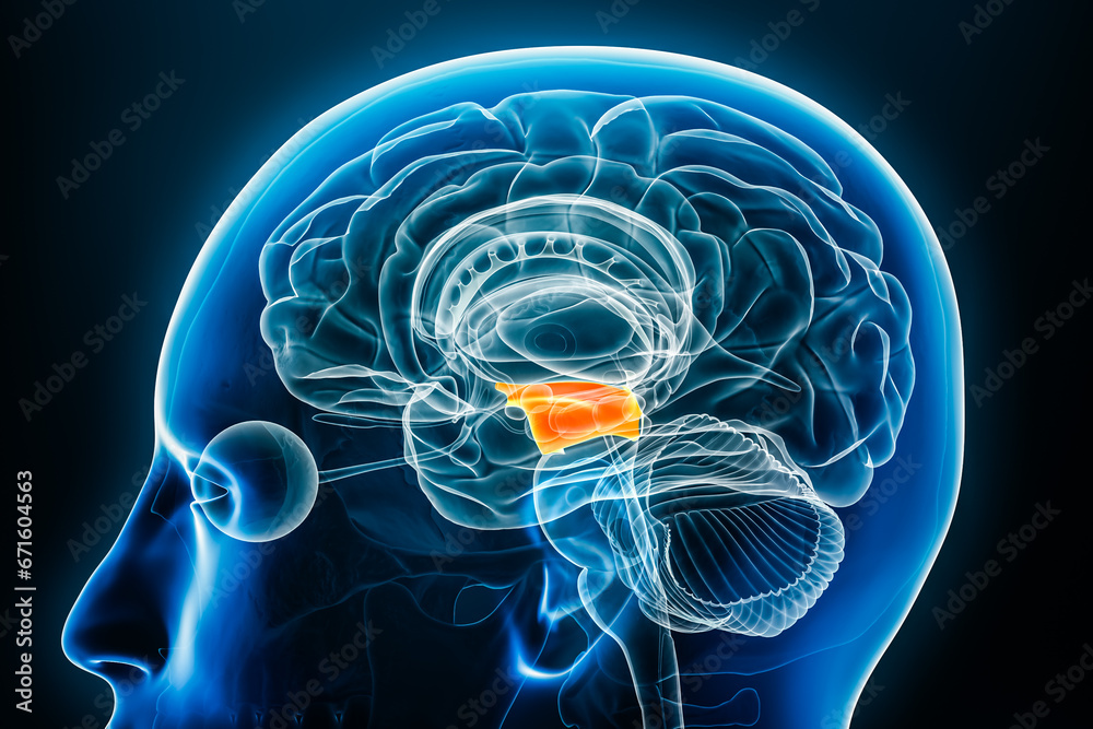 Midbrain or mesencephalon x-ray profile close-up view 3D rendering ...