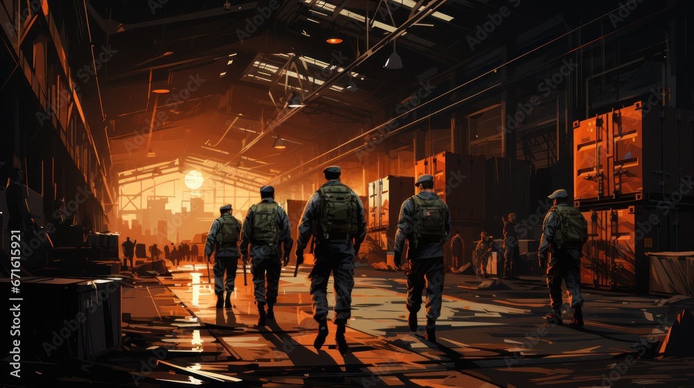 Hangar. Military air base. Loading works. Military supply system for ...